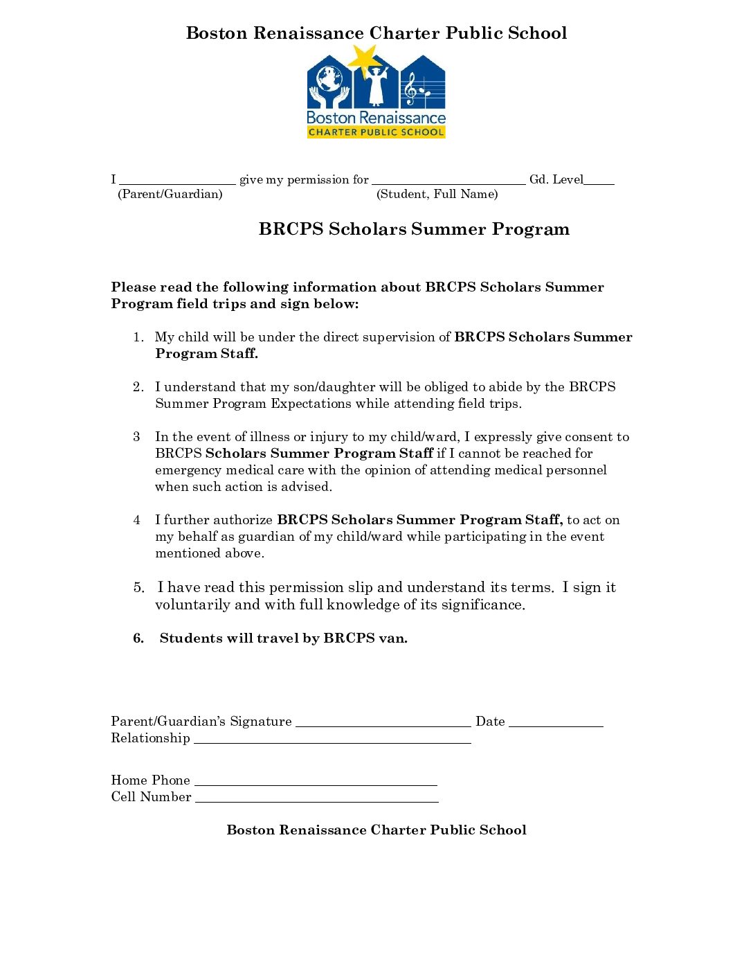 School Field Trip Permission Slip